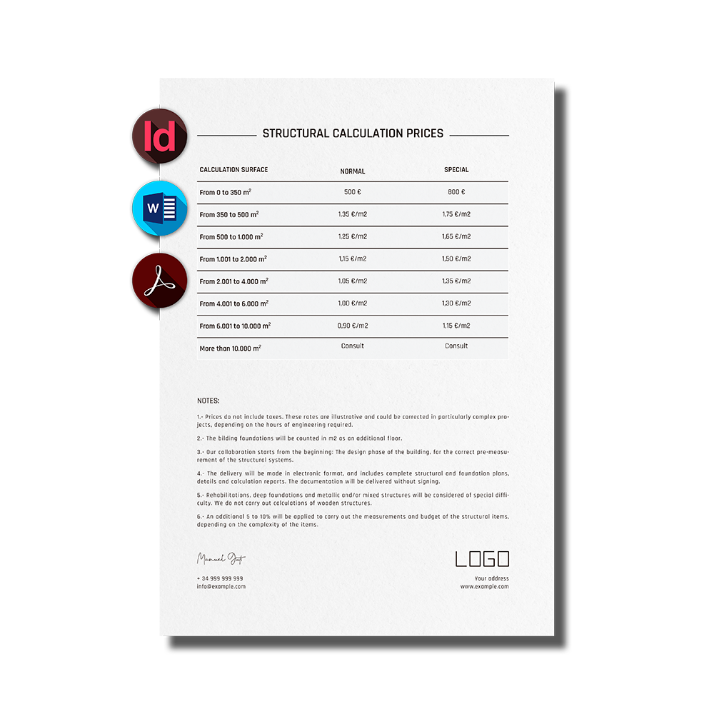 Structure Calculation Price List — ArquiFlash